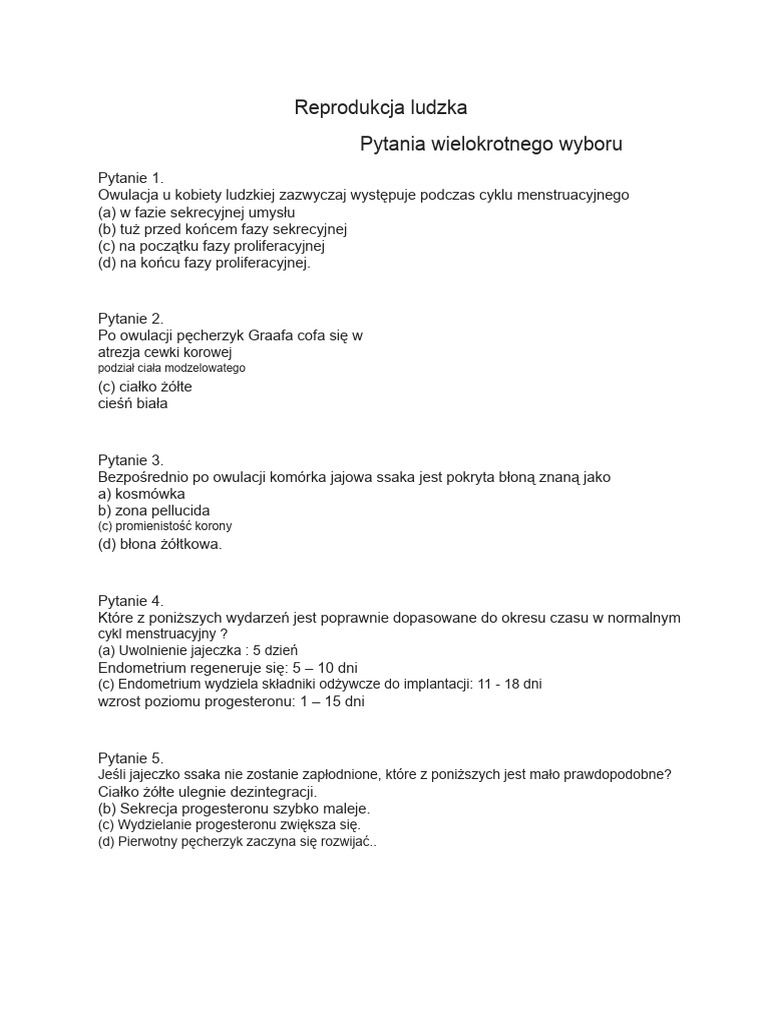 MCQS Ludzkie Rozmnażanie Klasa 12 | PDF