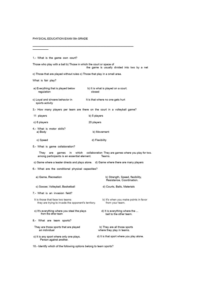 PHYSICAL EDUCATION EXAM 3rd GRADE | PDF | Volleyball | Sports