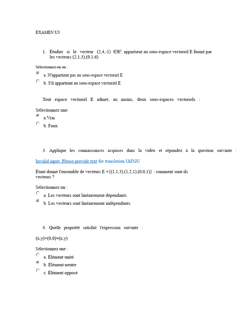 U3 Examen Espaces Vectoriels | PDF | Base (algèbre linéaire) | Espace ...