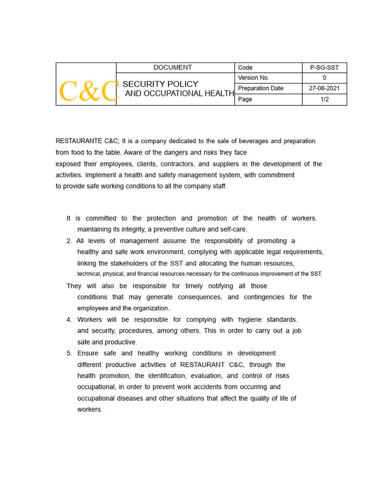 C&C Restaurant Safety and Health Policy | PDF | Occupational Safety And ...