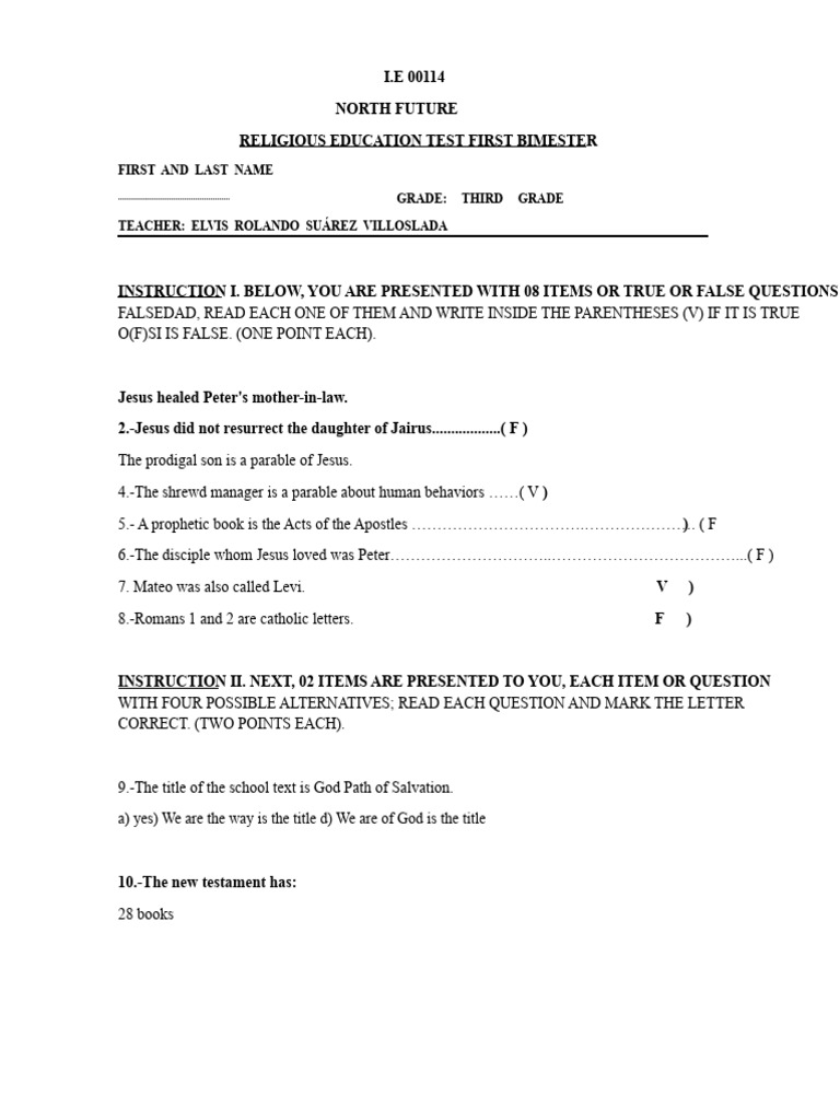 1 Test Religious Education Third Grade Bimester I | PDF