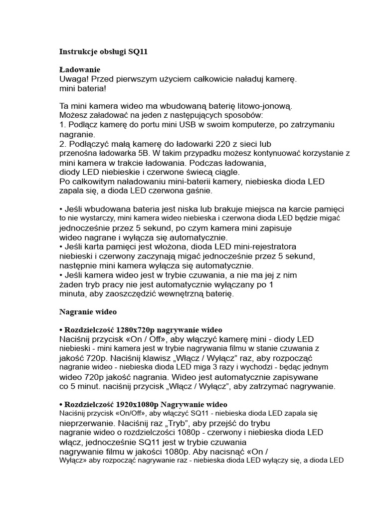 Instrukcje Obsługi SQ11 | PDF