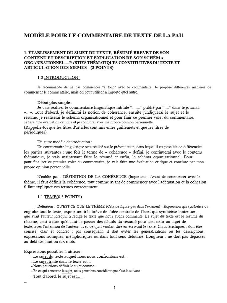 Commentaire de texte : méthodologie et schéma | PDF | Phrase | Linguistique