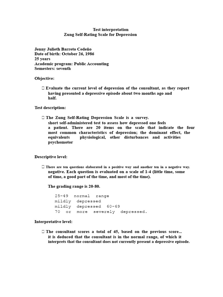 ZUNG Test Interpretation | PDF