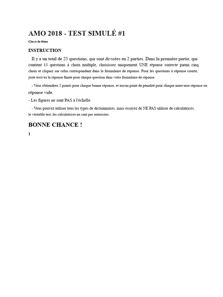 Test Simulé AMO 2018 - 6ème | PDF | Nombre premier | Mathématiques