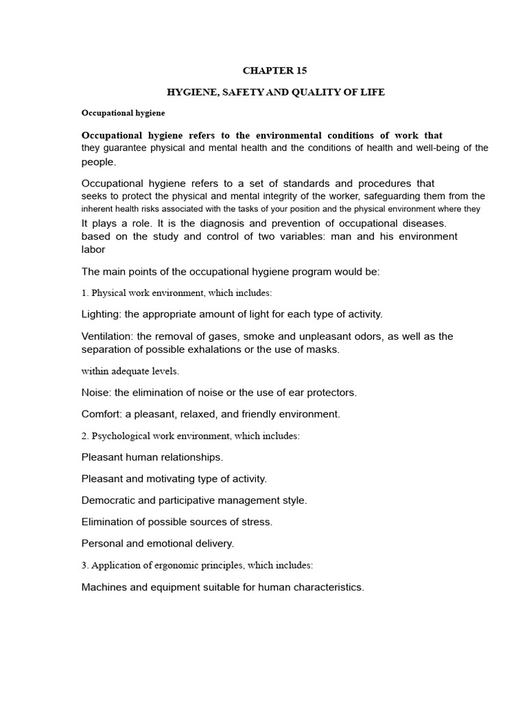 Chapter 15 Hygiene, Safety, and Quality of Life | PDF | Occupational ...