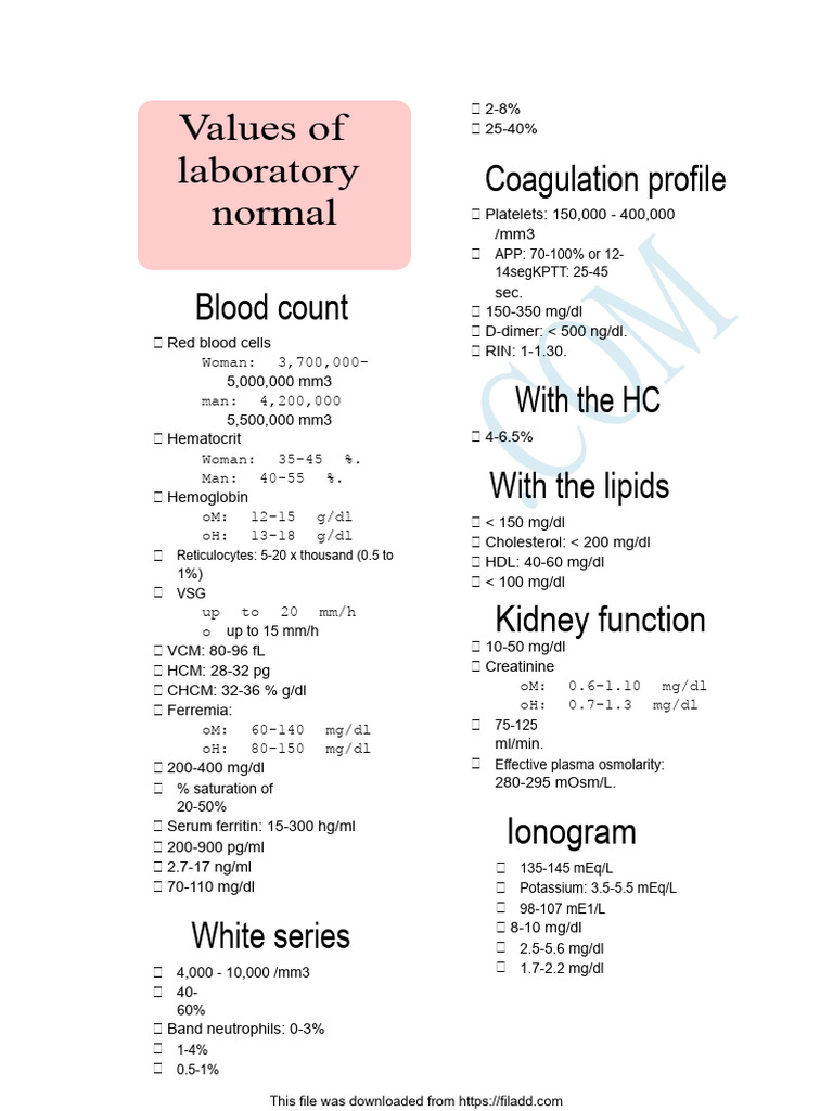 Normal Laboratory Values | PDF | Blood | Blood Plasma