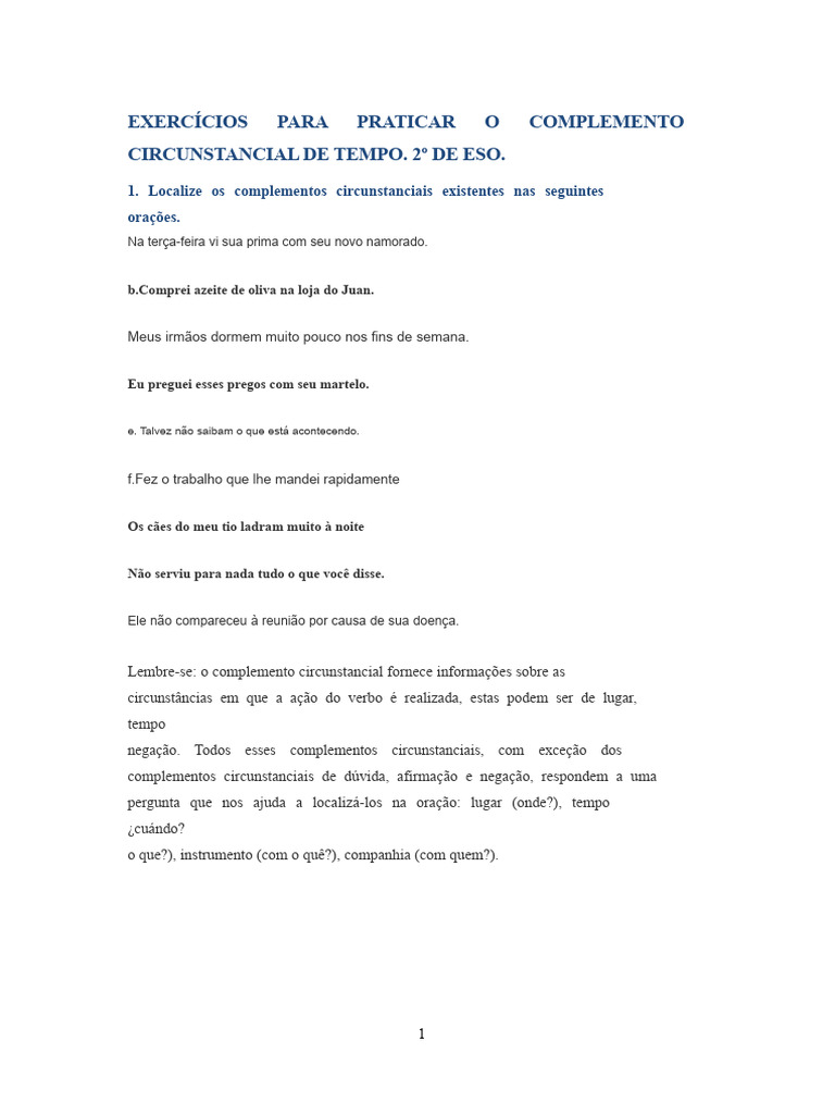 Exercícios sobre Complementos Circunstanciais | PDF
