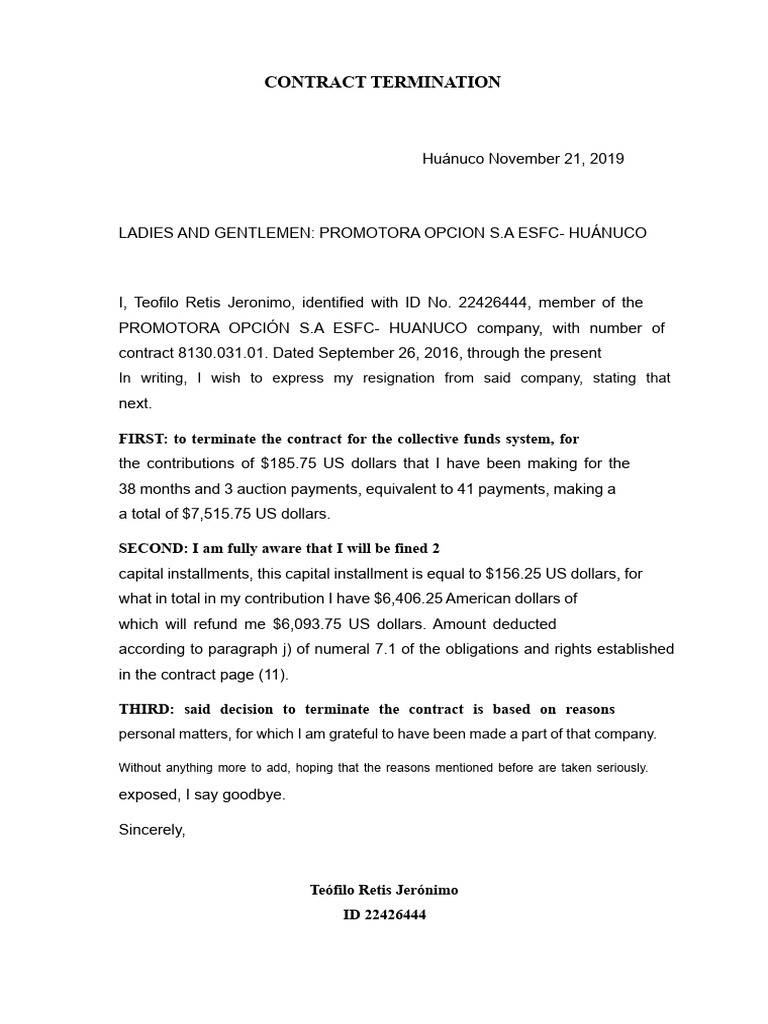 Contract Termination Notice - Teofilo Retis | PDF
