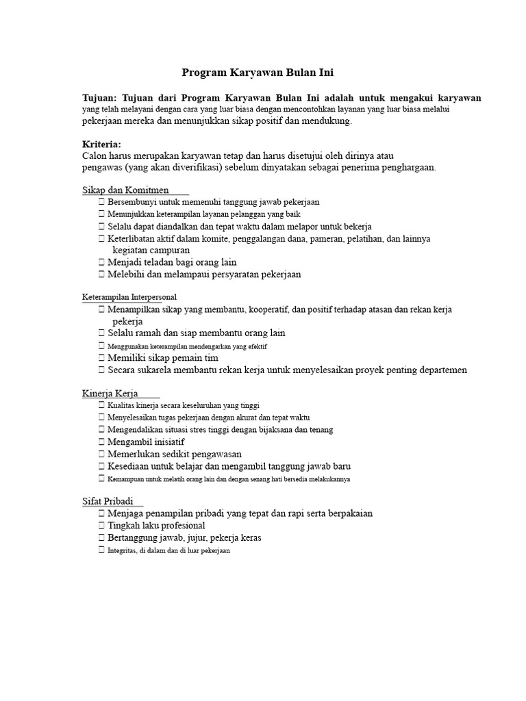 Kriteria Program Karyawan Bulan Ini | PDF