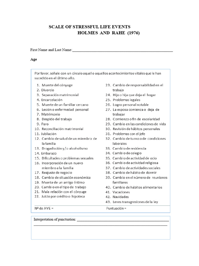 Holmes and Rahe Stressful Life Events Scale | PDF