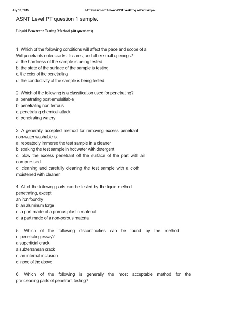 ASNT Level PT Sample Questions Guide | PDF | Nondestructive Testing ...