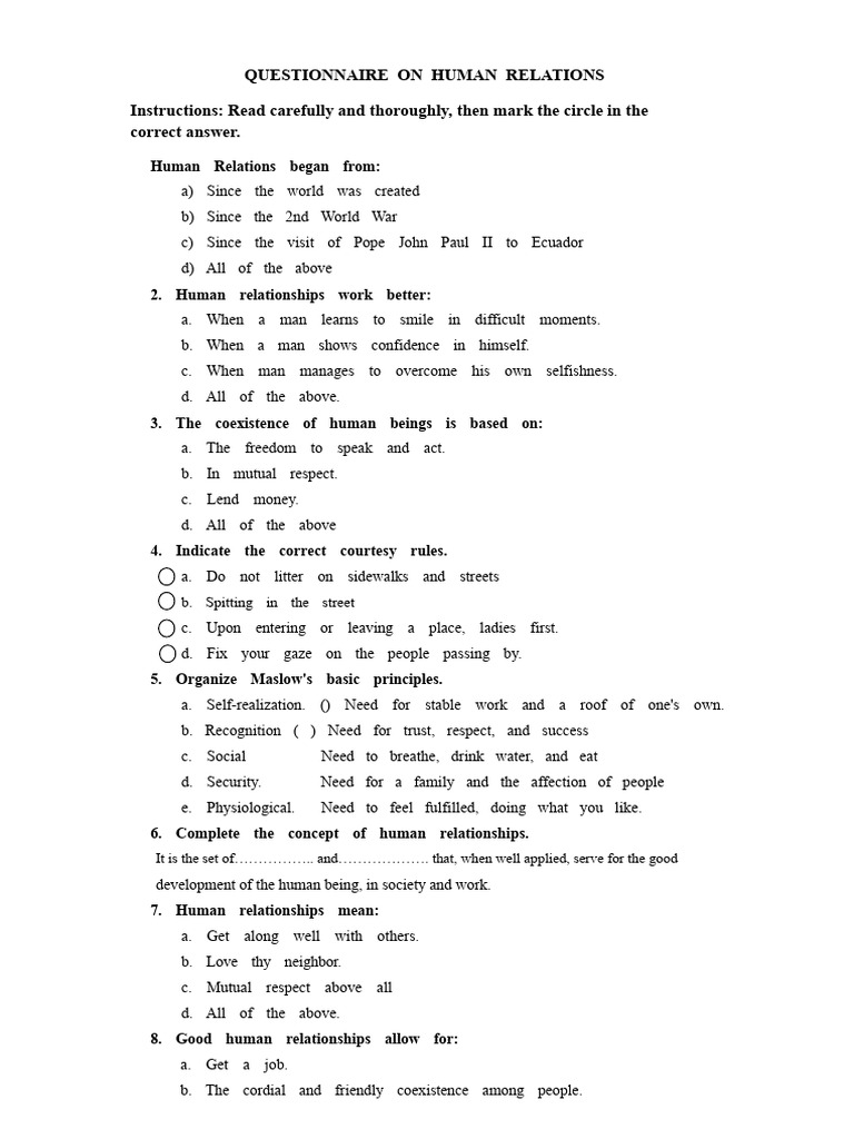 Human Relations Questionnaire PDF | PDF | Self Control | Self-Management
