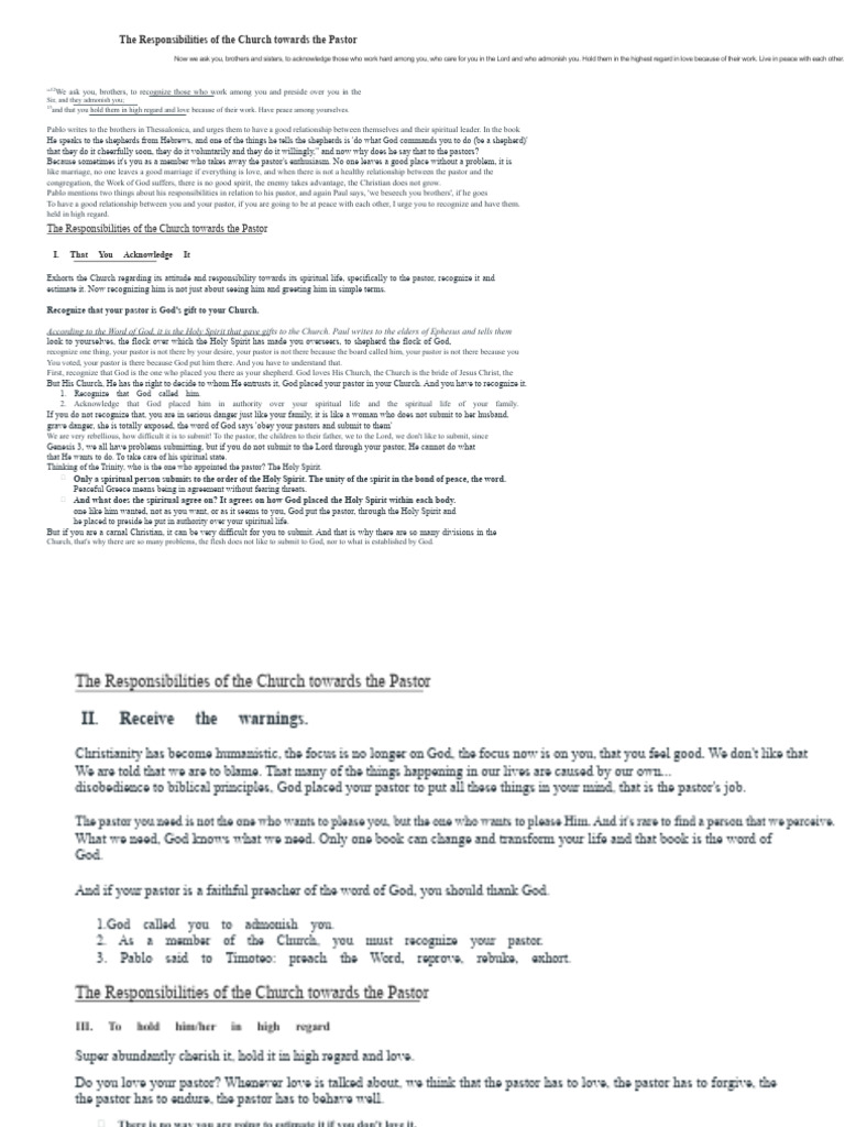 Church Responsibilities to Pastors | PDF | Pastor | Elder (Christianity)