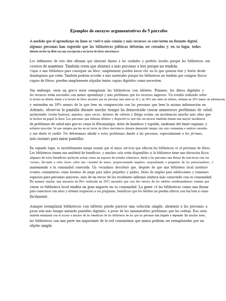 Ejemplo de Ensayo Argumentativo de 5 Párrafos | PDF | Tableta | Bibliotecas
