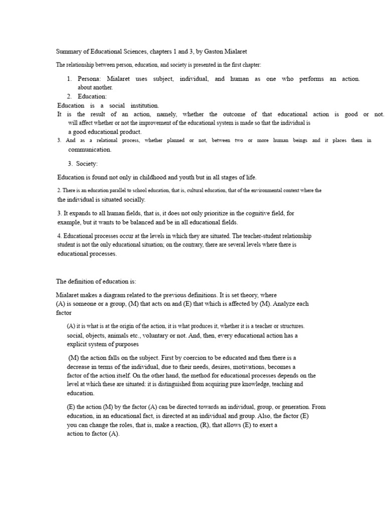 Summary of Educational Sciences, Gaston Mialaret | PDF | Liberal Arts Education | Behavior ...