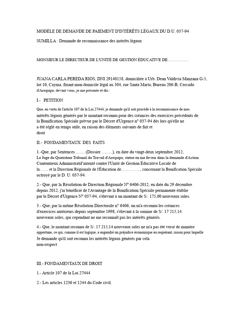 Demande de Paiement d'Intérêts Légaux | PDF | Justice | Crime et violence