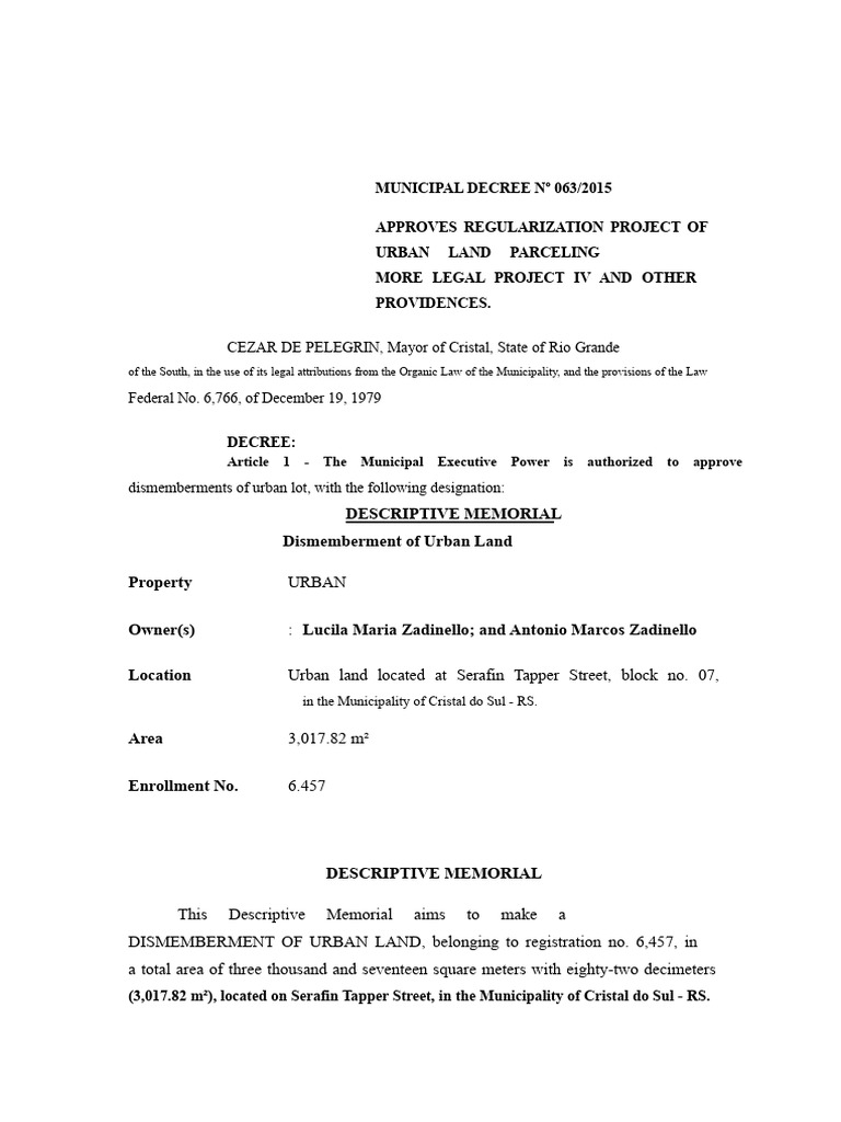 Descriptive Memorial For Land Subdivision Without Plan | PDF