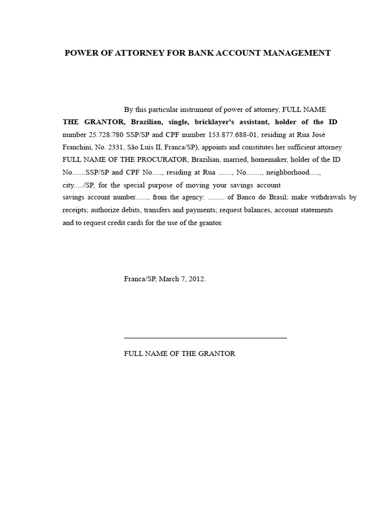 Power of Attorney for Bank Account Management | PDF