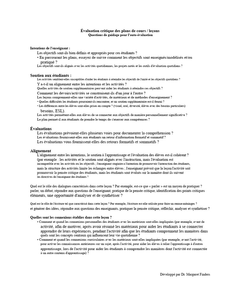 Évaluation des plans de cours et leçons | PDF | Apprentissage | Cognition