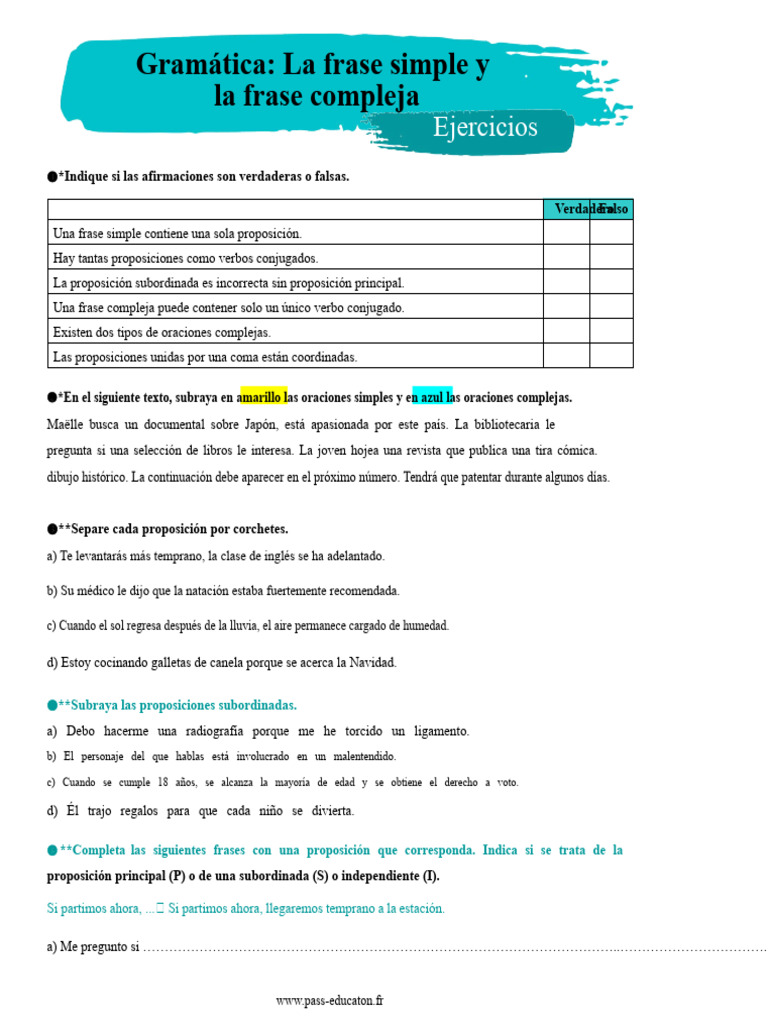Frases Simples y Complejas: Ejercicios de Gramática | PDF | Oración ...