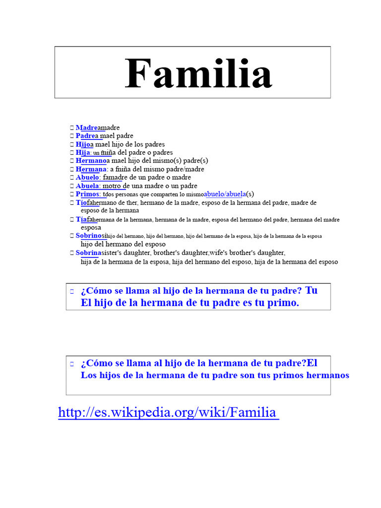 Vocabulario y Definición Sobre La Familia | PDF