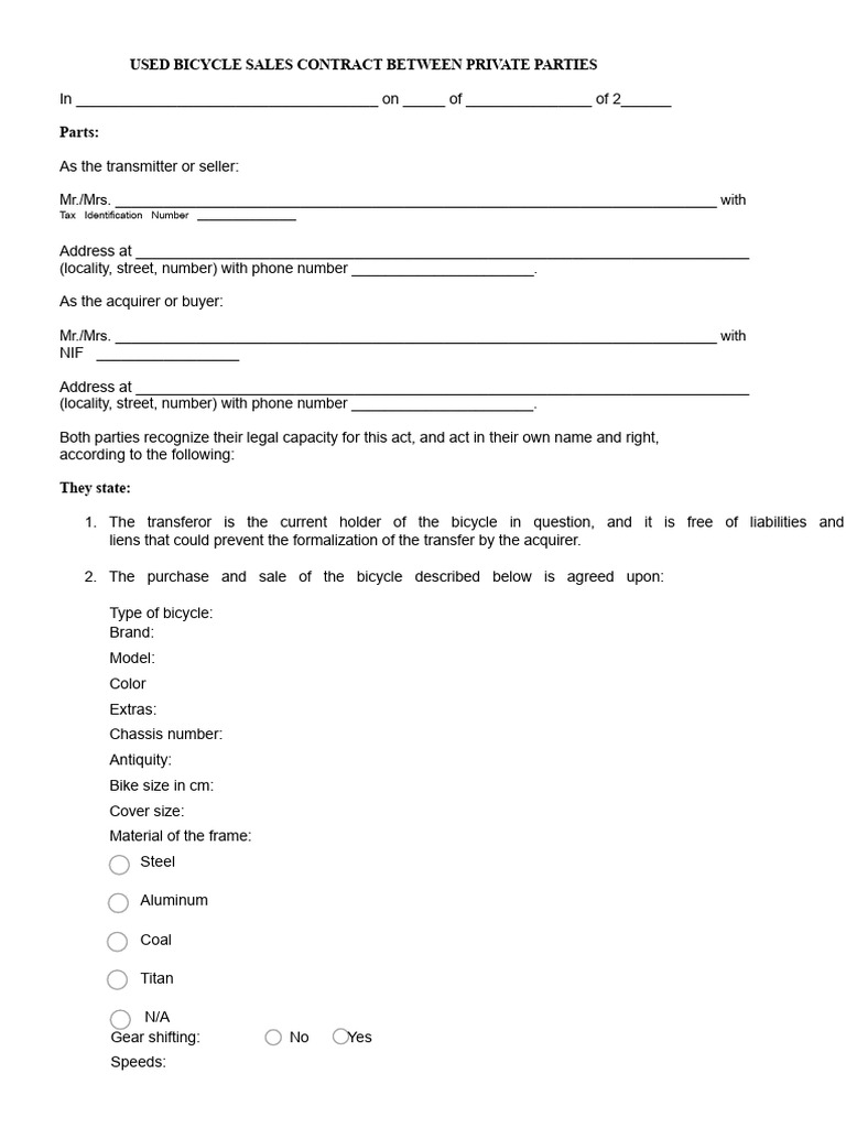 Private Bicycle Sale Contract Template | PDF | Private Law