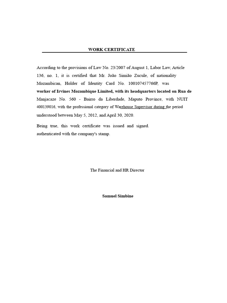 Zucula's Work Certificate | PDF