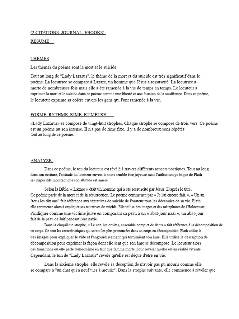 Analyse du poème "Lady Lazarus" de Plath | PDF | Résurrection | Mort