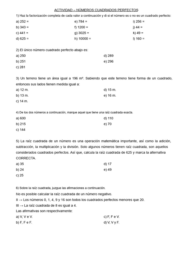 Actividad sobre Números Cuadrados Perfectos | PDF