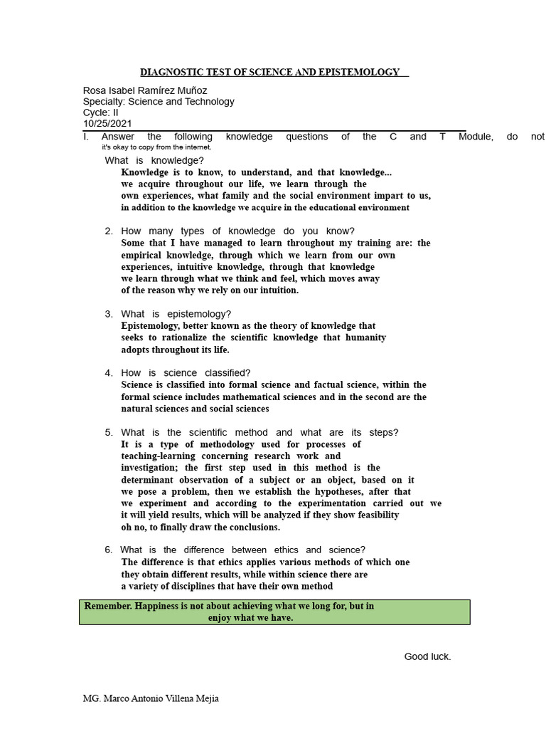 Diagnostic Test of Science and Epistemology | PDF | Science | Knowledge