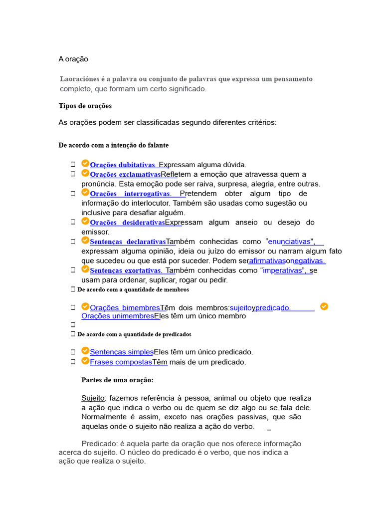 A Oração Castelhano 2º Ano | PDF | Assunto (gramática) | Predicado ...