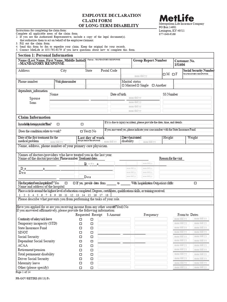 Forms-Claims Disability Insurance (ASR) Metlife | PDF | Fraud | Social ...