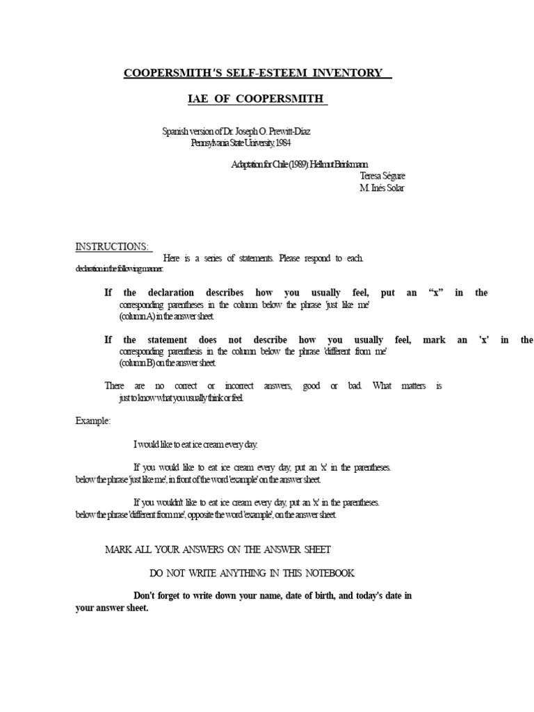 Coopersmith Self-Esteem Inventory (School) PDF | PDF