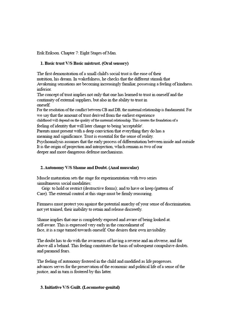 Chapter 7 Eight Stages of Man Erik Erikson SUMMARY | PDF | Social Psychology | Human Development