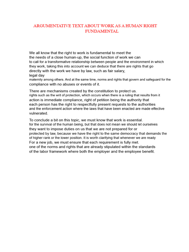 Argumentative Text About Work As A Fundamental Human Right | PDF
