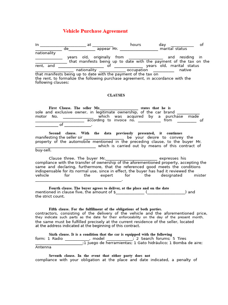 Vehicle Purchase Agreement Template | PDF | Taxes | Payments