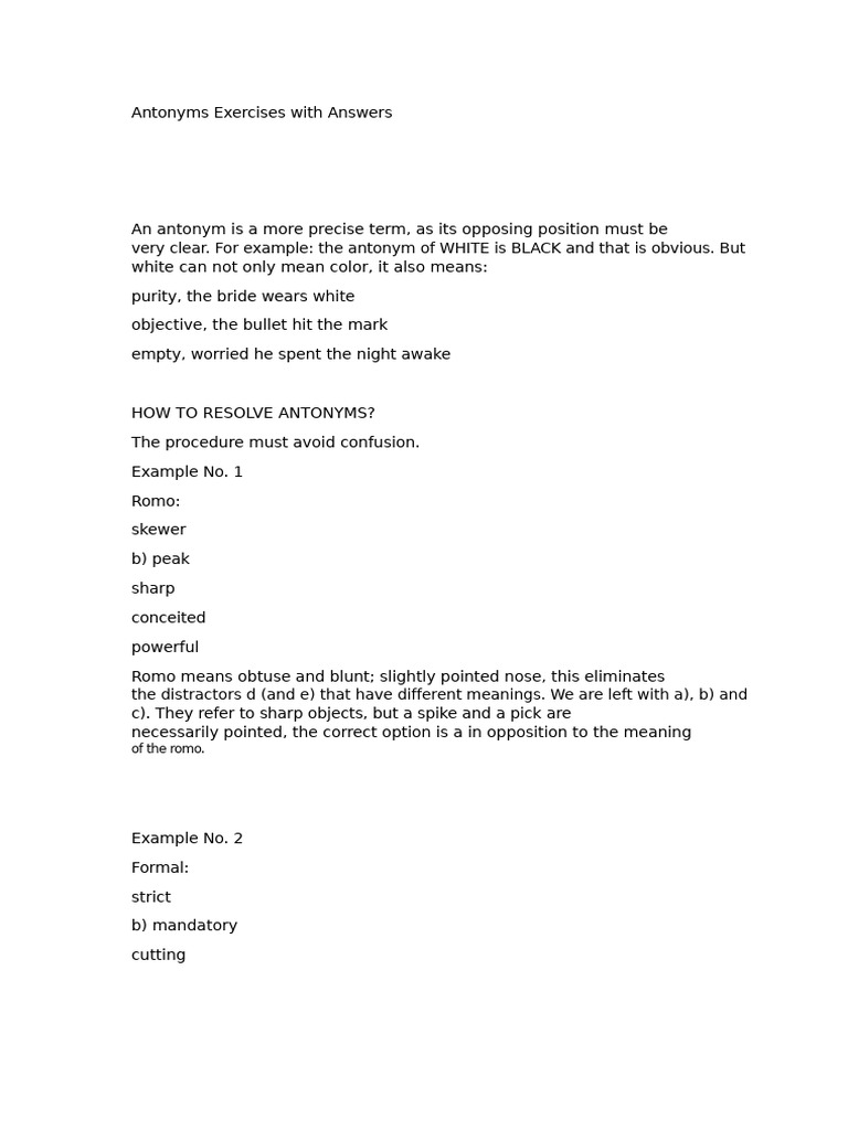 Antonyms Exercises with Answers | PDF