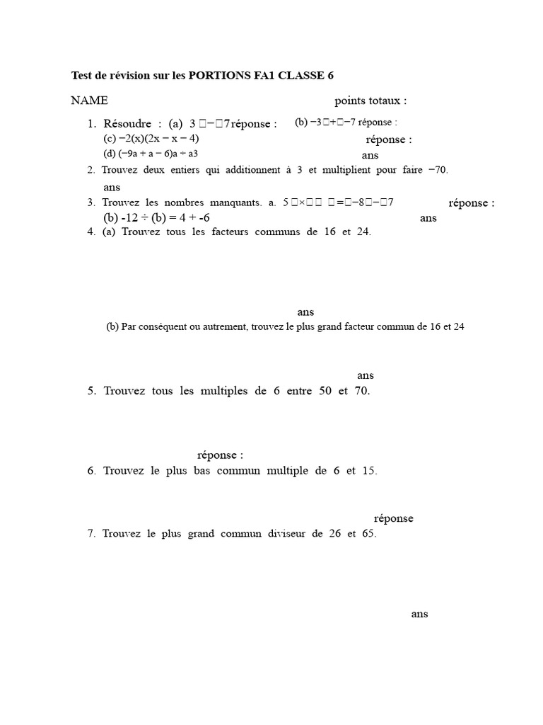 Test de mathématiques pour la classe 6 | PDF
