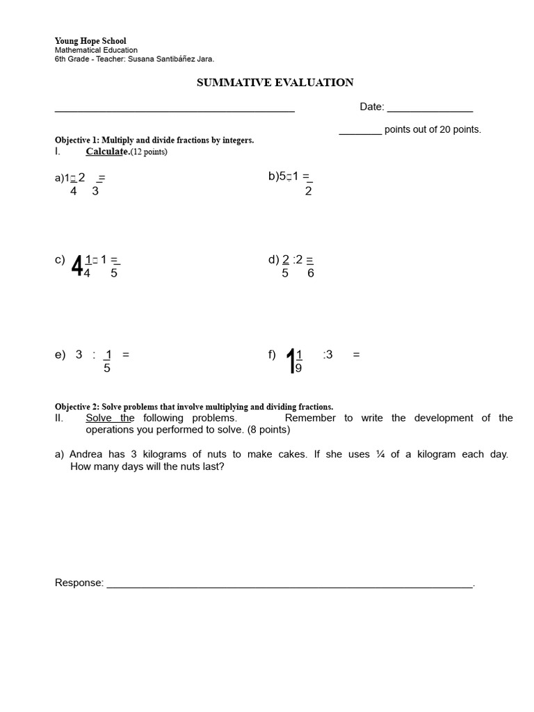 SUMMATIVE EVALUATION, Multiplication and Division of Fractions | PDF