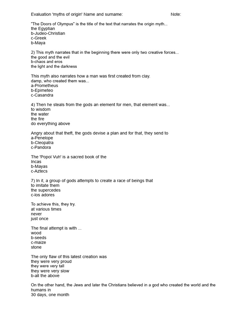 Multiple Choice - Origin Myths - 2023 | PDF