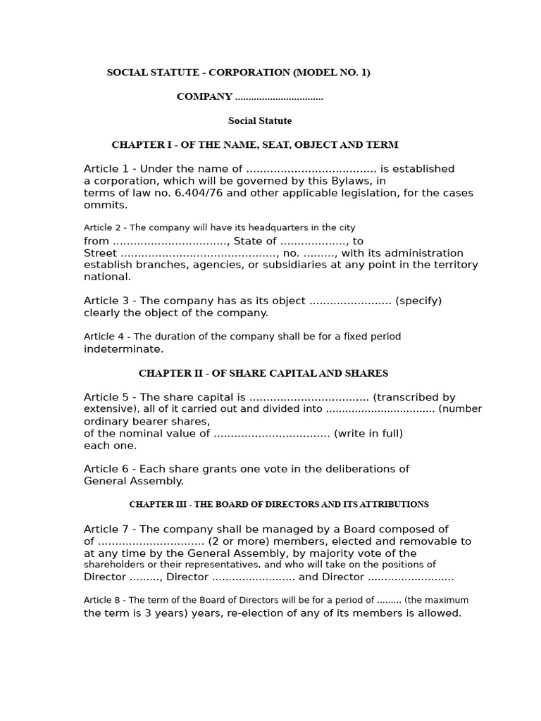 Corporate Social Statute Template | PDF | Dividend | Board Of Directors