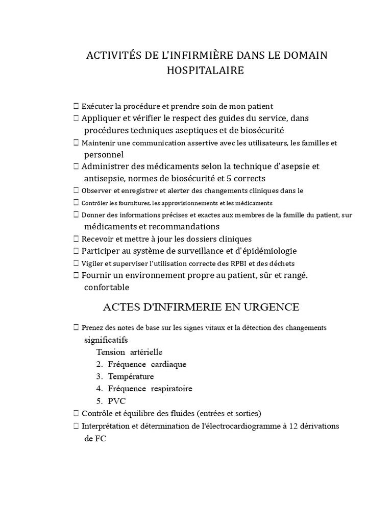 Activités de L'infirmière Dans Le Domaine Hospitalier | PDF ...