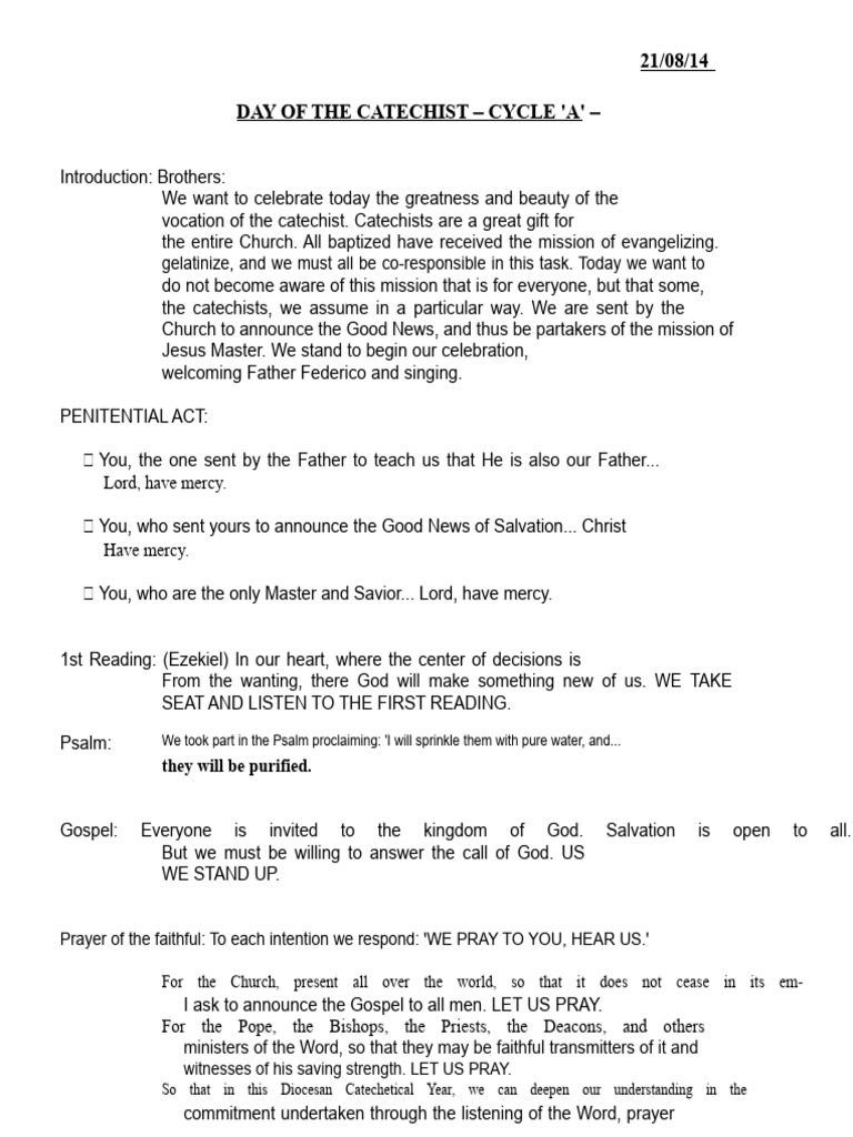 Script For Catechist Day Mass | PDF | Eucharist | Prayer