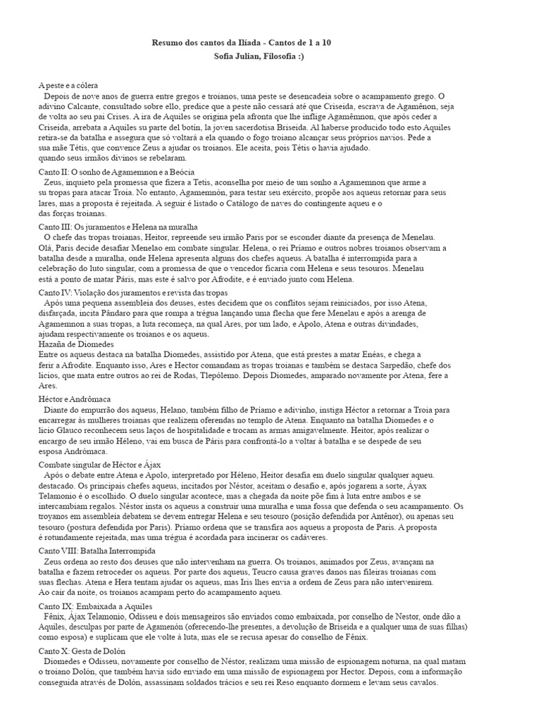 Resumo Dos Cantos Da Ilíada | PDF | Paris (mitologia) | Ilíada
