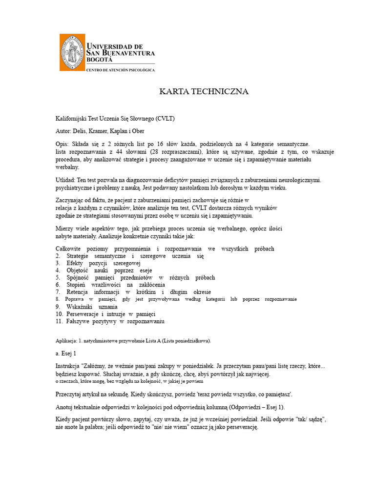 Karta Techniczna California Test | PDF
