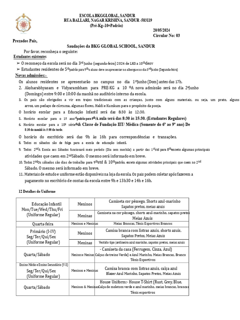 Circular Geral Pré Kg ao 10º 2024 25 | PDF