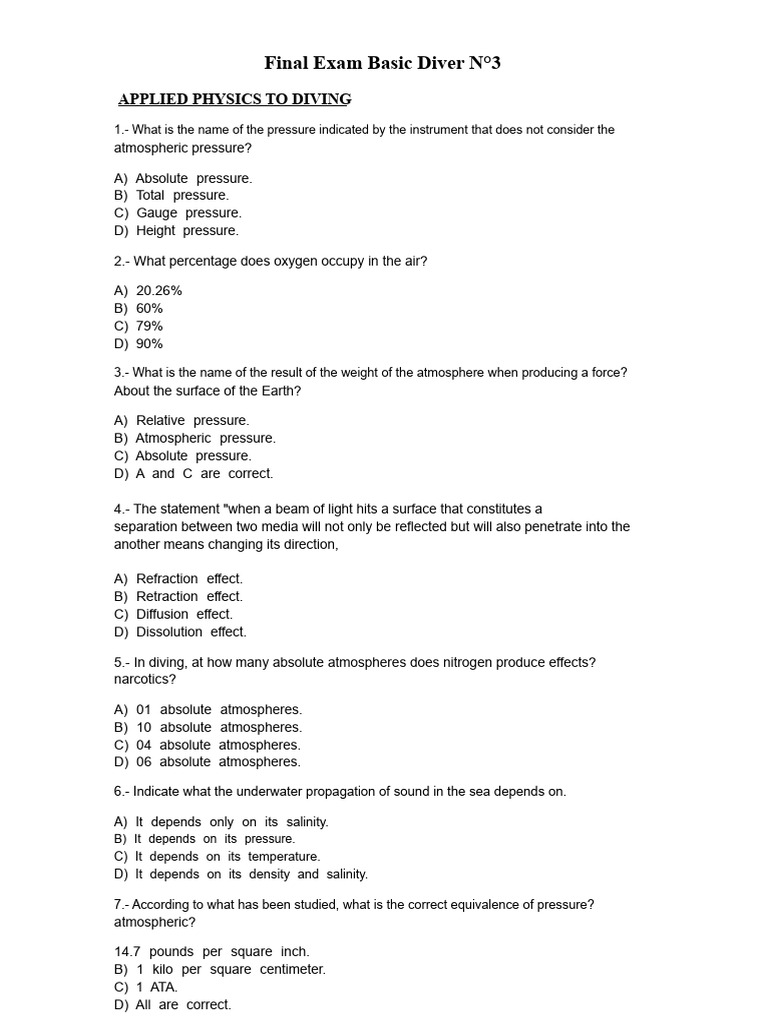 Final Exam Basic Diver 3 | PDF | Underwater Diving | Scuba Diving