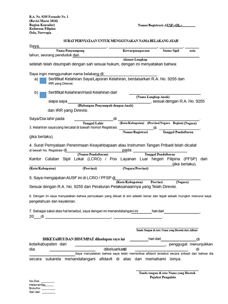 Afidavit Untuk Menggunakan Nama Keluarga Ayah Ausf 0 | PDF