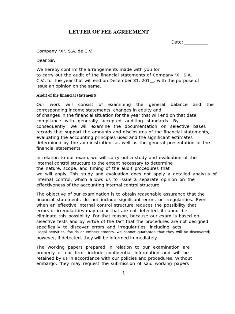 Fee Agreement for Financial Audit | PDF | Internal Control | Audit
